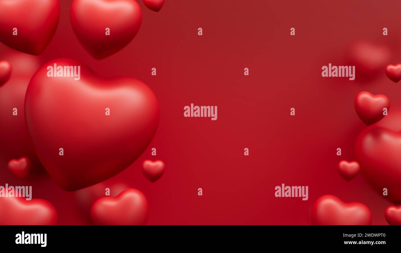 Red hearts on red background with shallow depth of field. Valentine day backdrop. 3d render ...