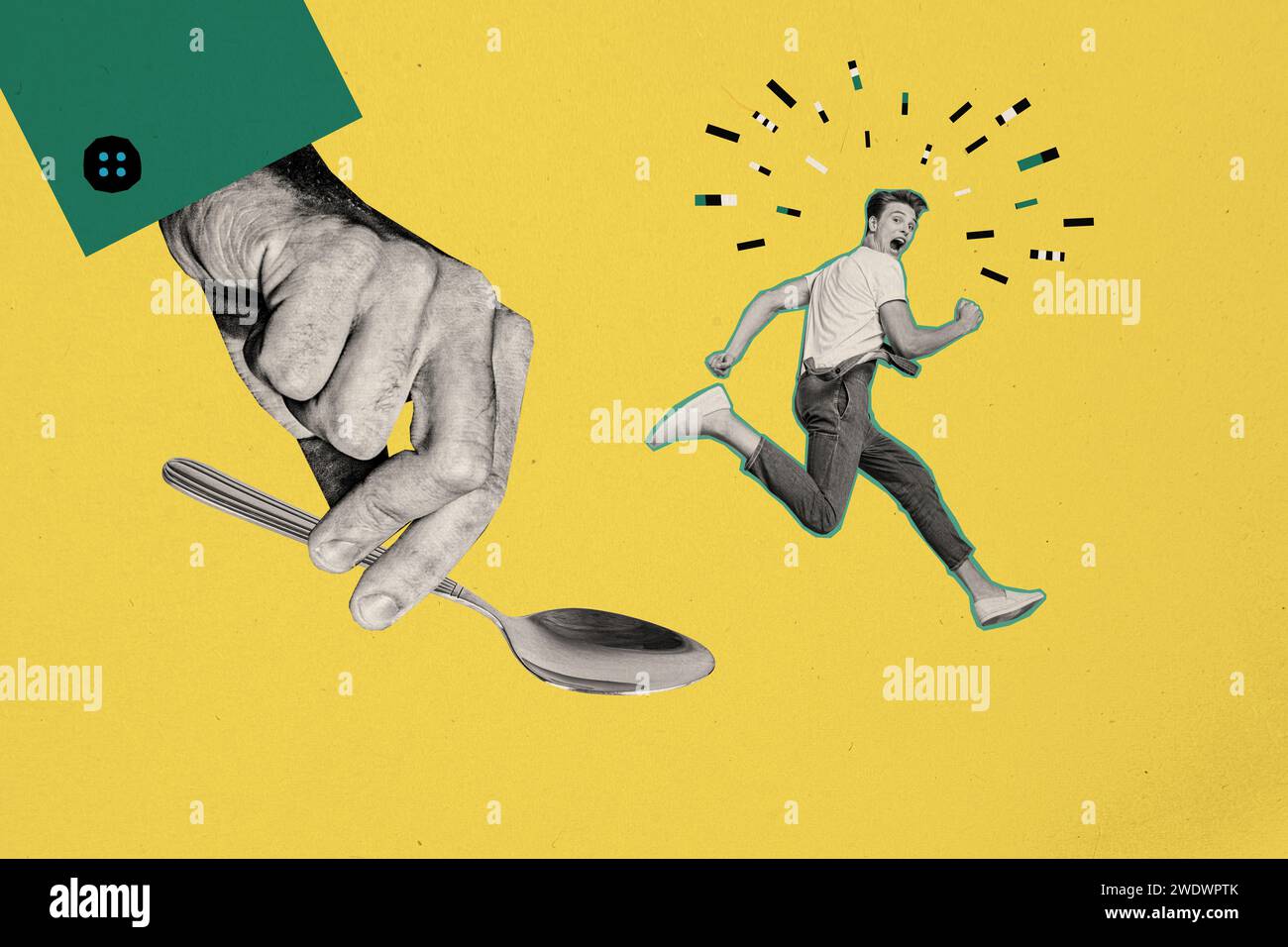 Collage image of funky frightened man escape from spoon which trying to ...