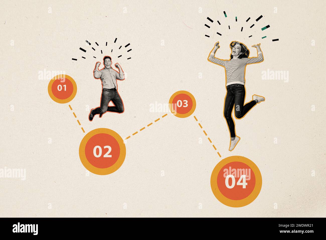 Collage image of two overjoyed mini black white effect people jump ...