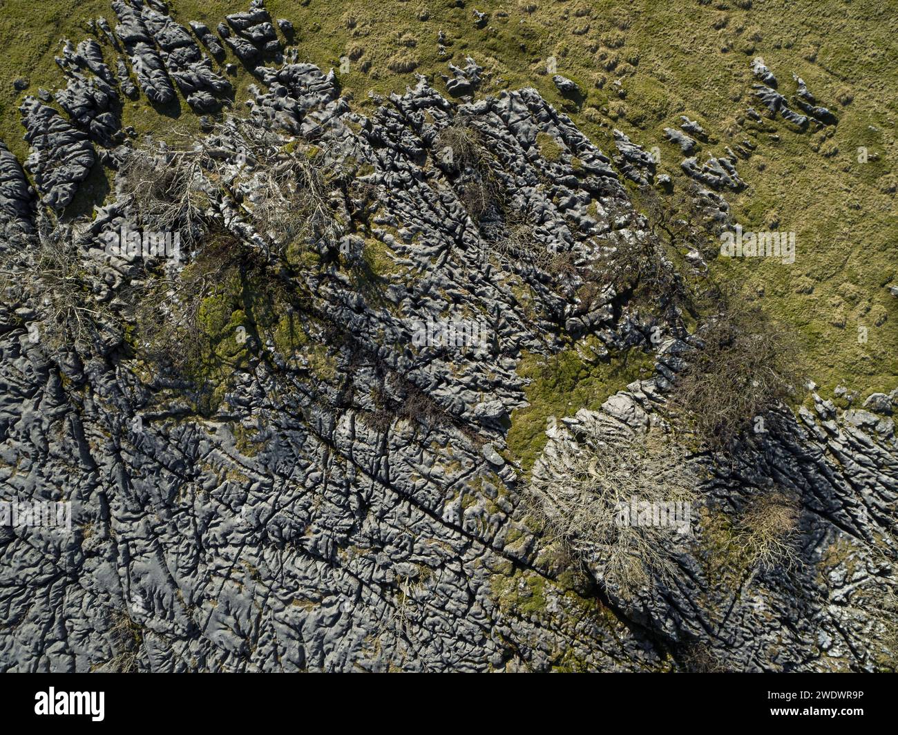 Aerial photography looking down over a limestone pavement and grassy ...