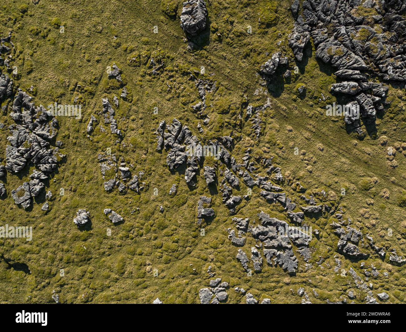 Aerial photography looking down over a limestone pavement and grassy ...