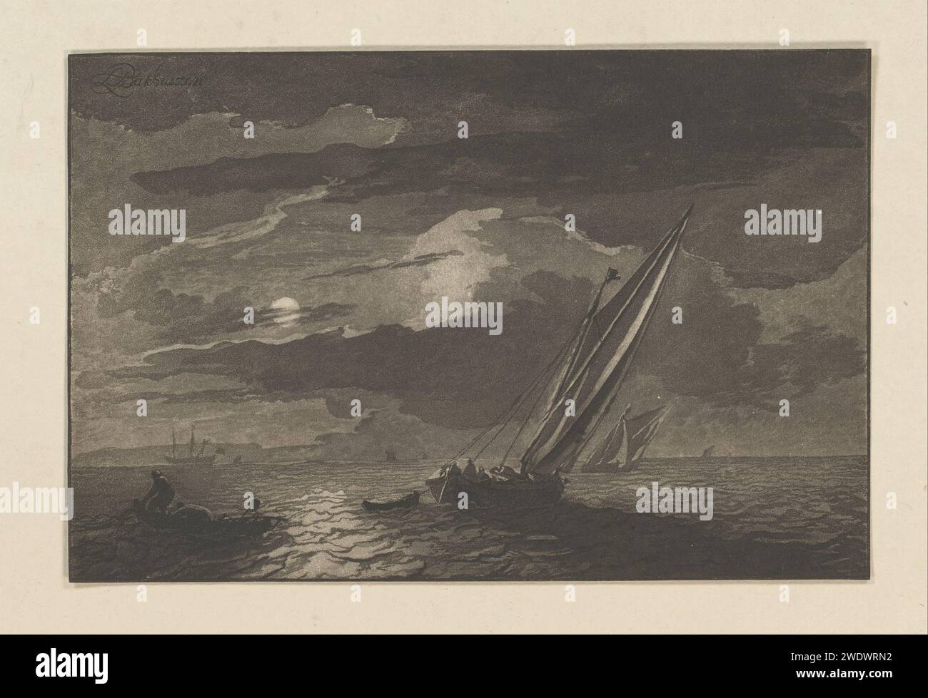 Zeekezicht with full moon, Cornelis Brouwer, after Ludolf Bakhuysen ...