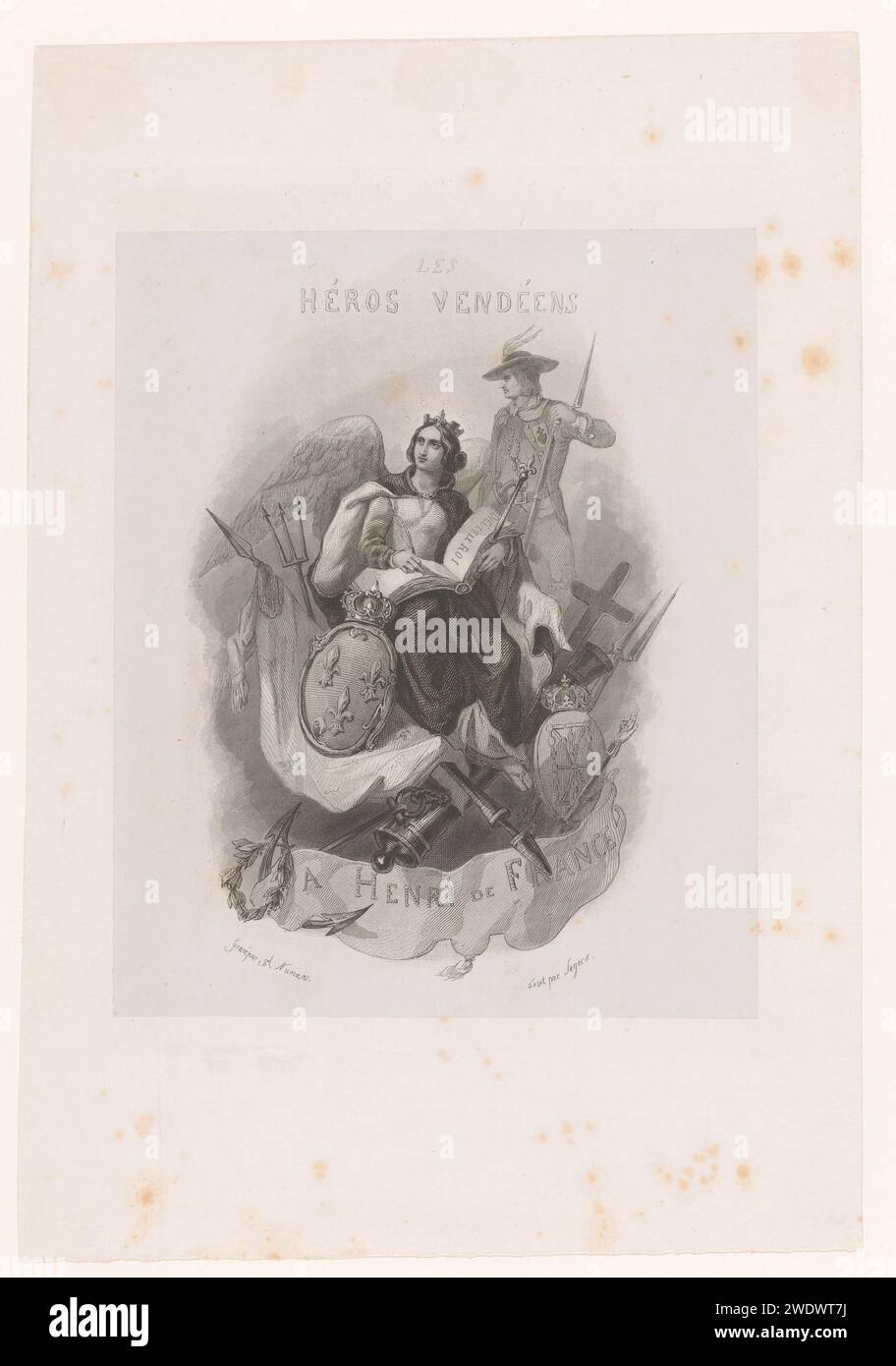 Woman with book, soldier, weapons and coats of arms, Auguste Numans ...