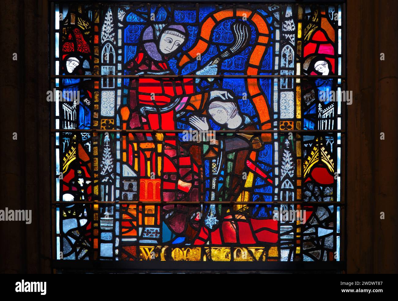 Medieval stained glass window, of a penitencer with whip, in the ...