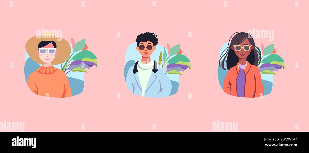 Avatars. Anime guy and girls. Cute character with plants. Cartoon style ...