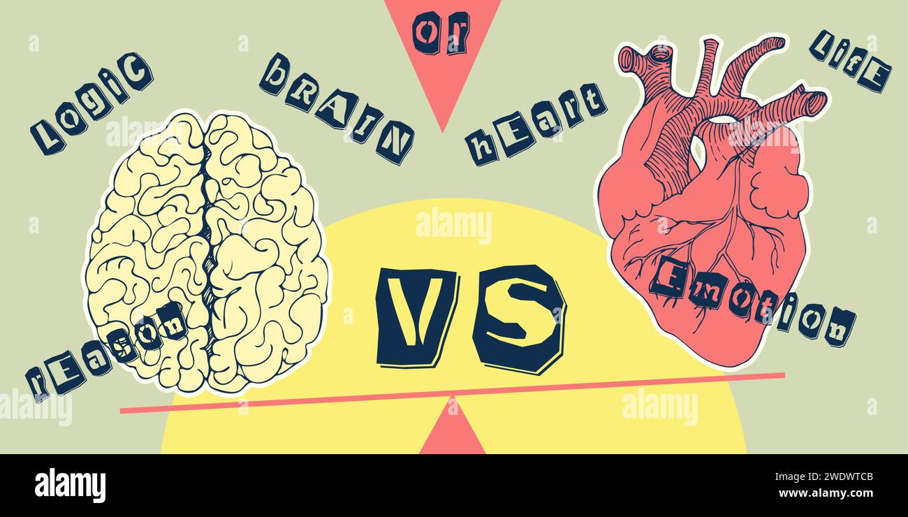Concept heart VS brain. Vintage design collage poster. Mental health ...