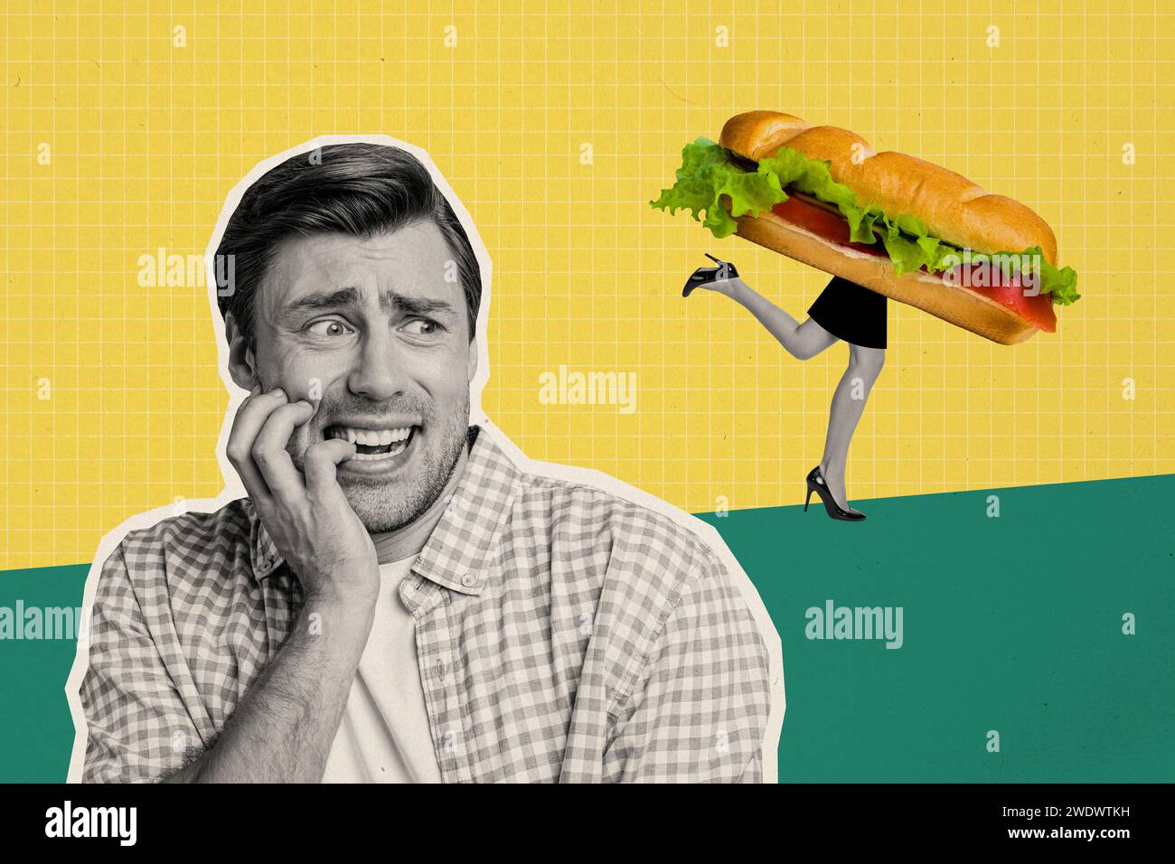 Creative abstract template collage of scared man look running woman ...