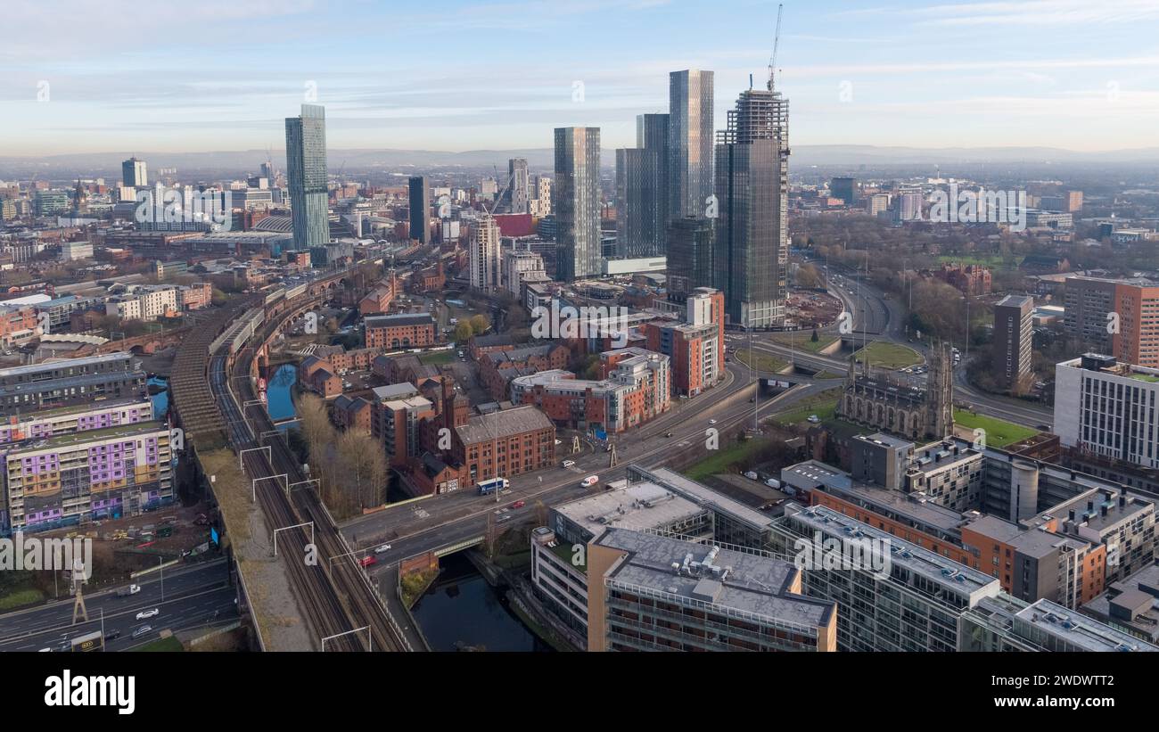 Panoramic aerial photo showing a railway & tram line running over ...