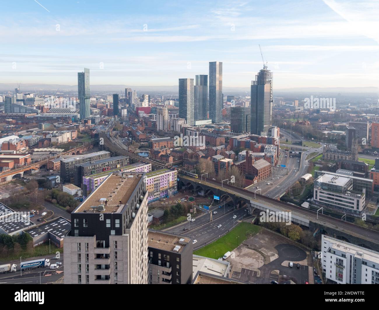 Aerial photo showing One Regent in the foreground with a railway line ...
