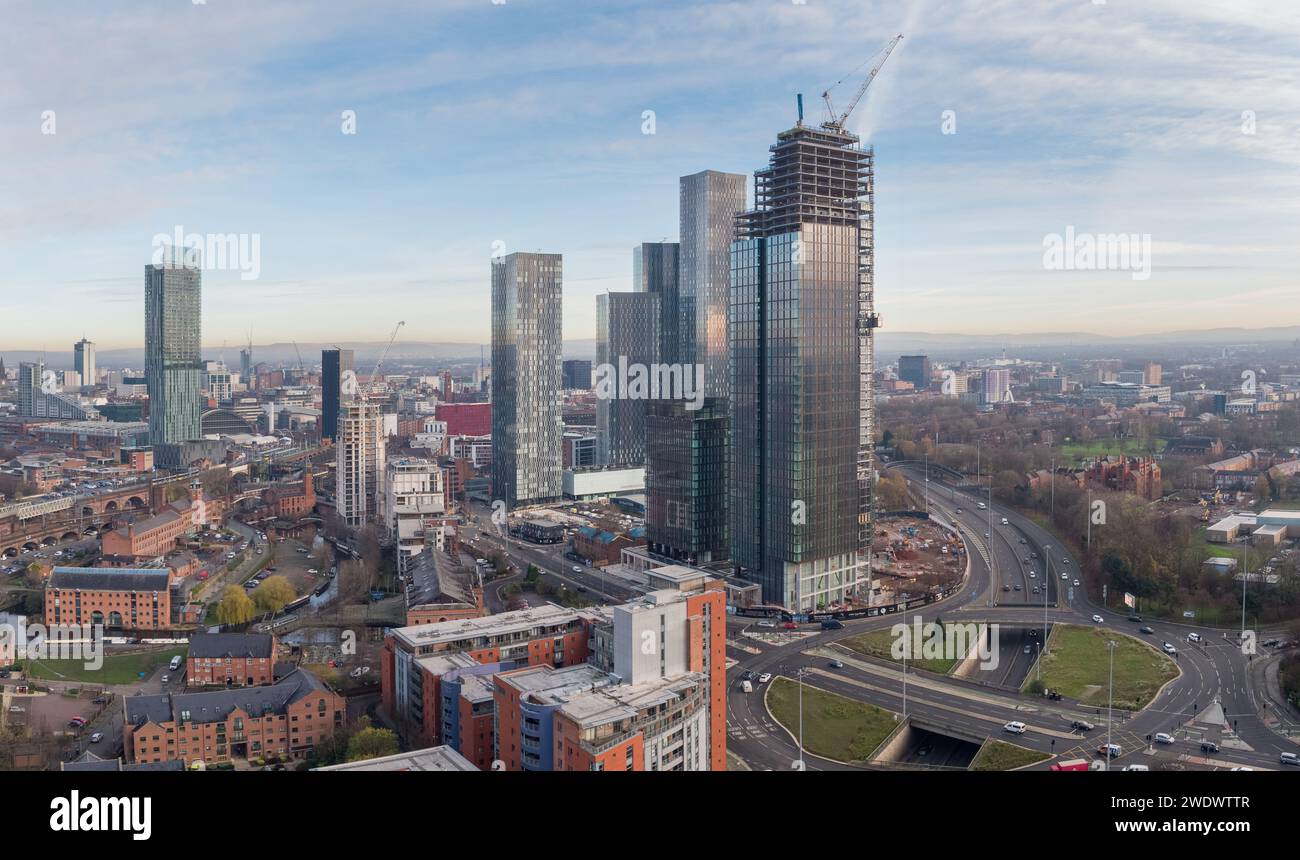 Panoramic aerial photograph of Mancunian Way, Castlefield, New Jackson ...