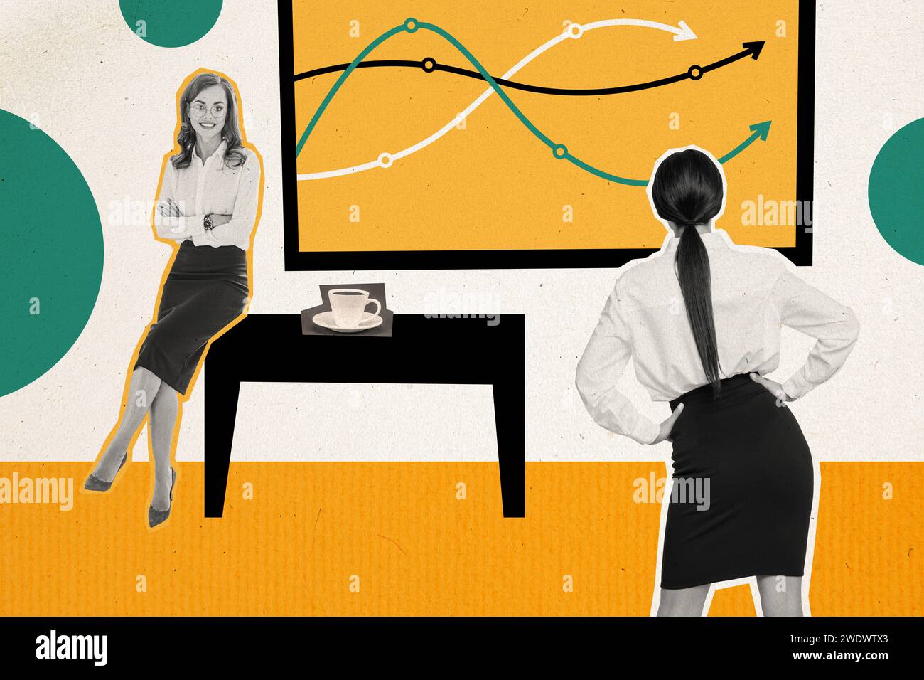 Creative photo collage of business women two people talking during ...