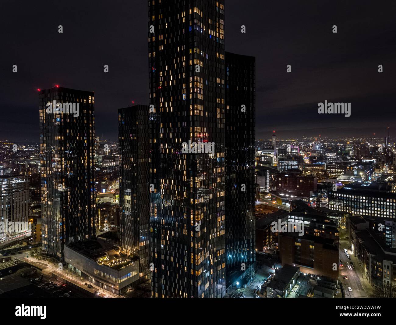 Night time aerial photo of Deansgate Square apartment towers with the ...