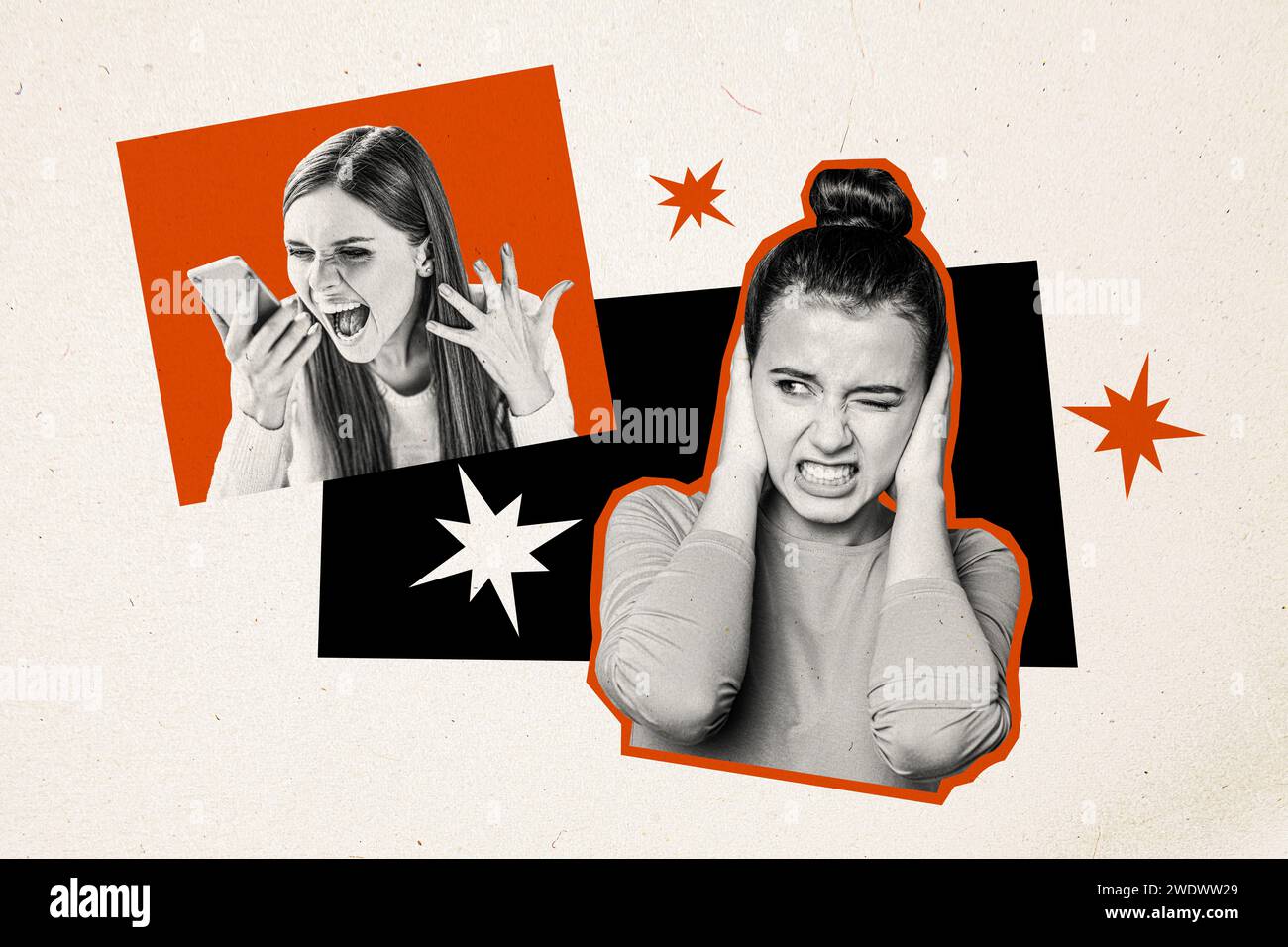 Collage 3d image of pinup pop retro sketch of angry female screaming ...