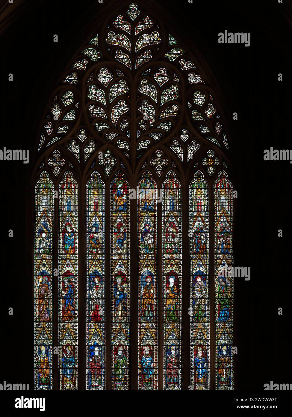 Medieval stained glass window at the west end of the christian english ...