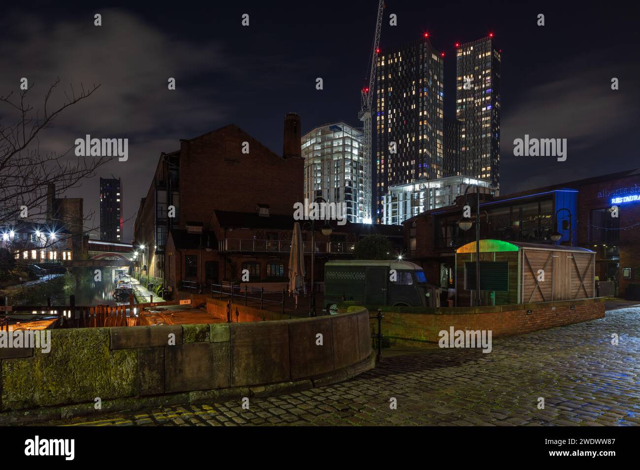 Castlefield, Manchester, UK at night with Deansgate Square and Castle ...