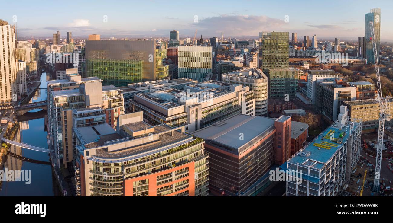 Panoramic drone image of Spinningfields and the River Irwell in ...
