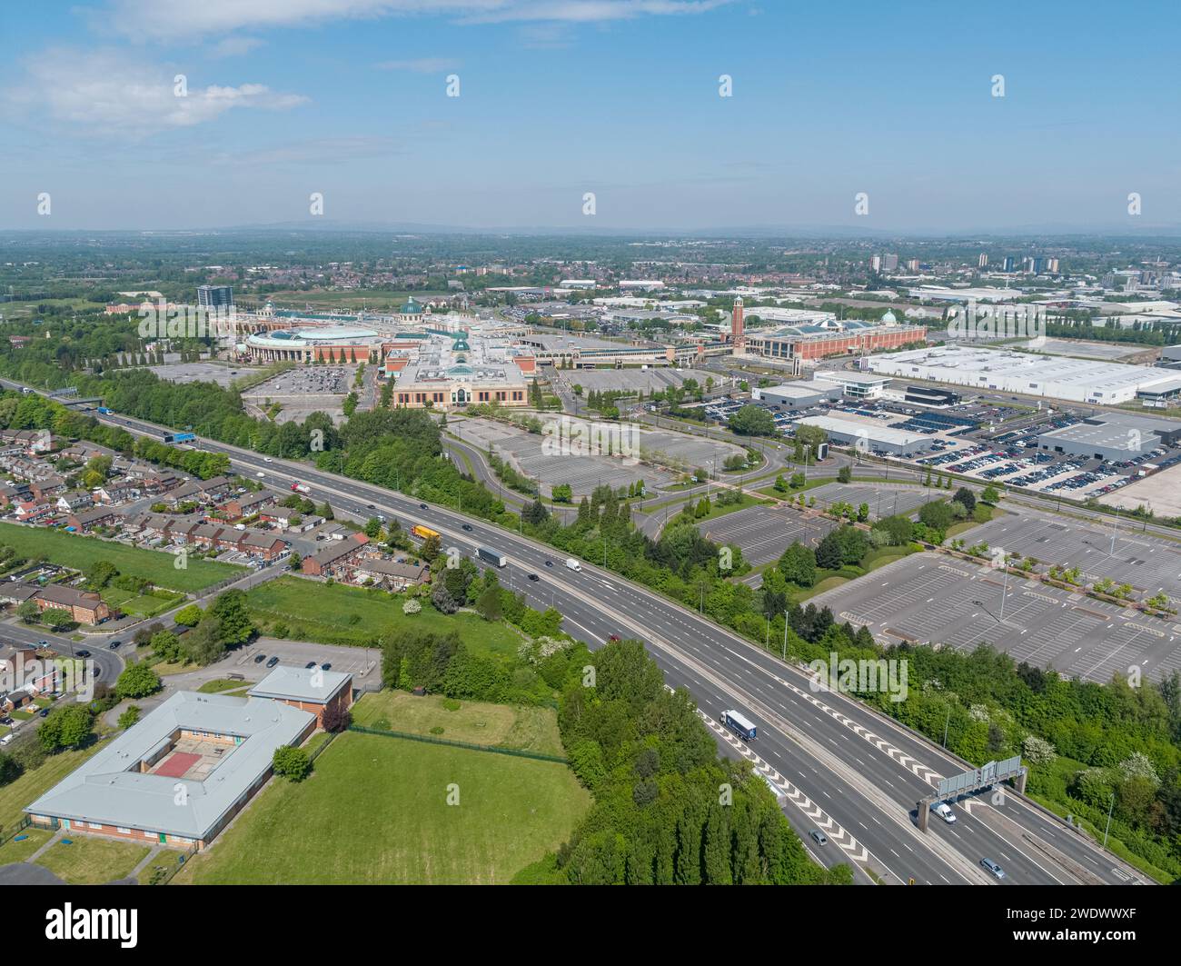 Aerial photograph of the Trafford Centre, Manchester, UK with empty car ...