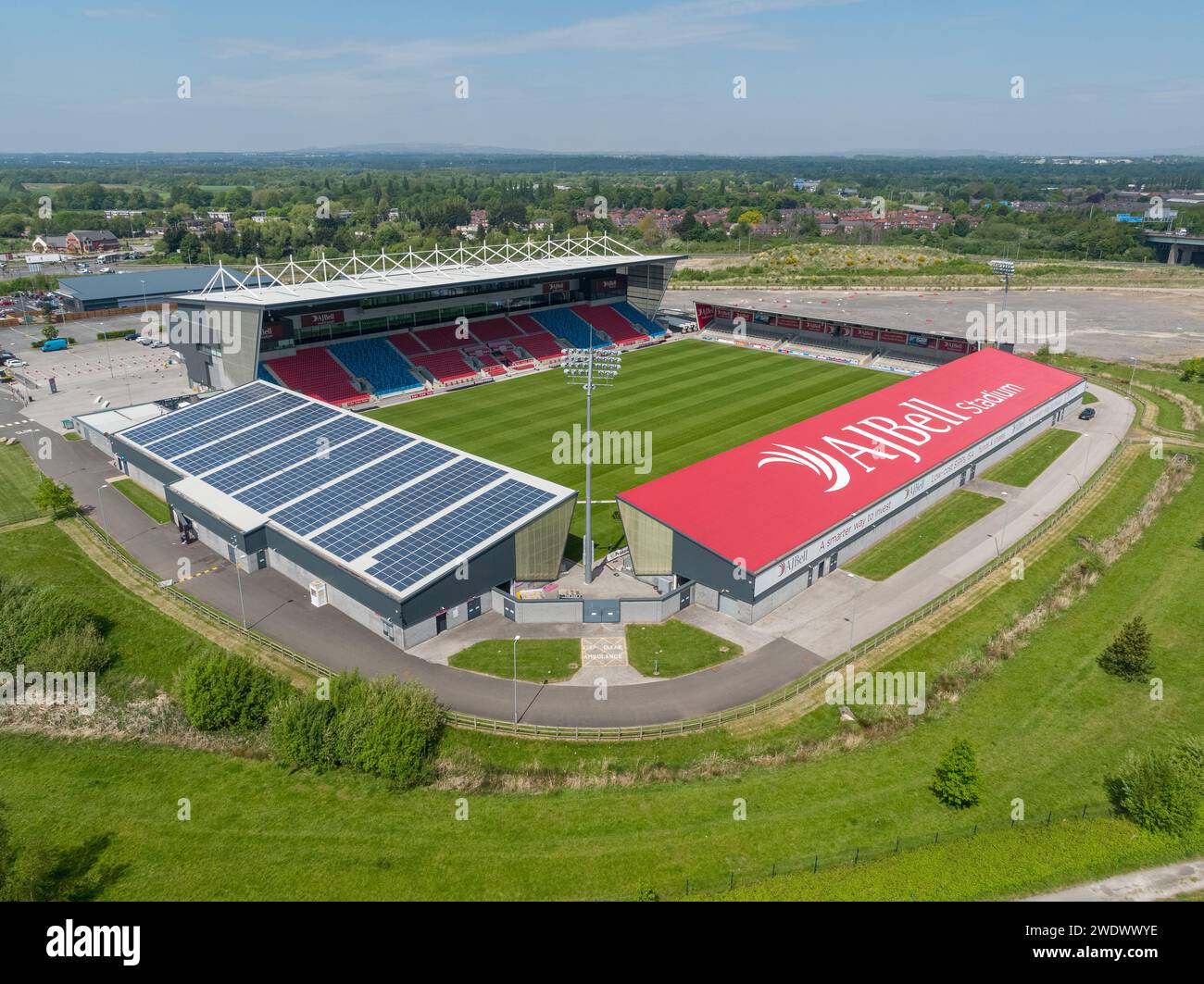 Aerial photograph of the AJ Bell Stadium and solar panels, home of ...