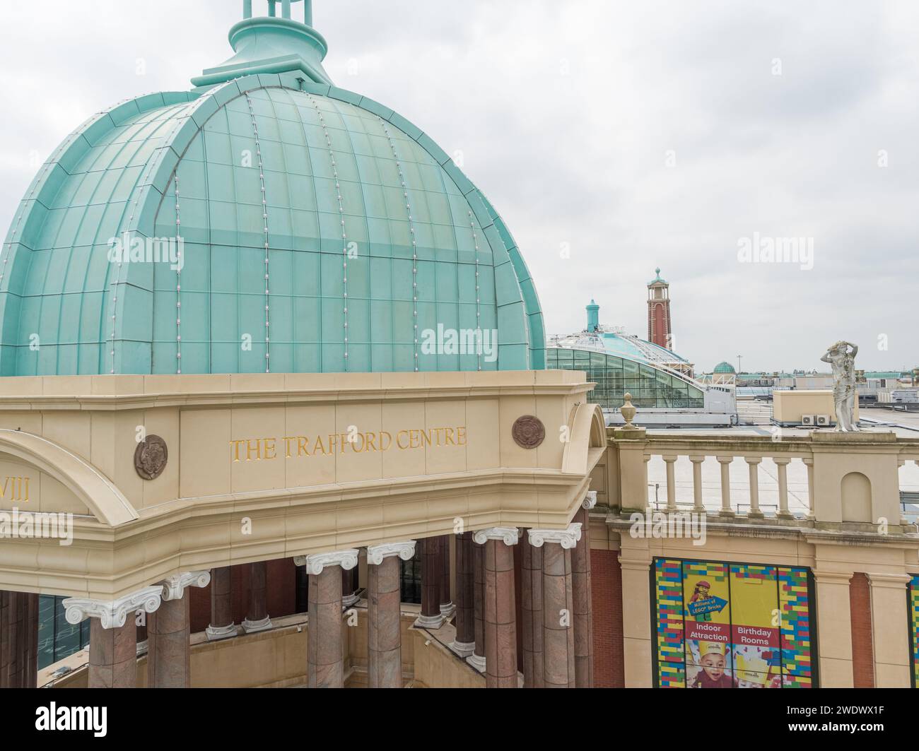 Aerial photograph of the domed column entrance to the Trafford Centre ...