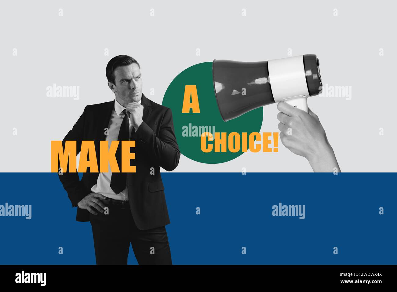 Creative abstract template collage of serious minded man make a choice ...