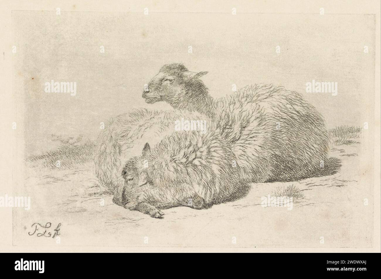 Two lying sheep, Frans Lebret, 1809 - 1820 print Two lying sheep ...