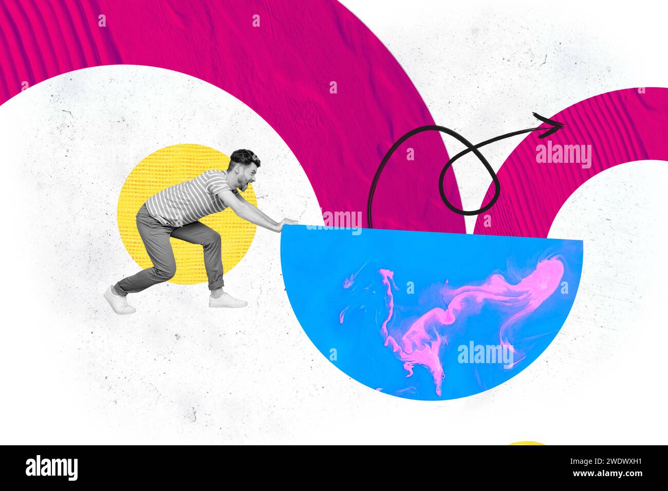 Horizontal contemporary collage photo with diligent young guy pull big ...