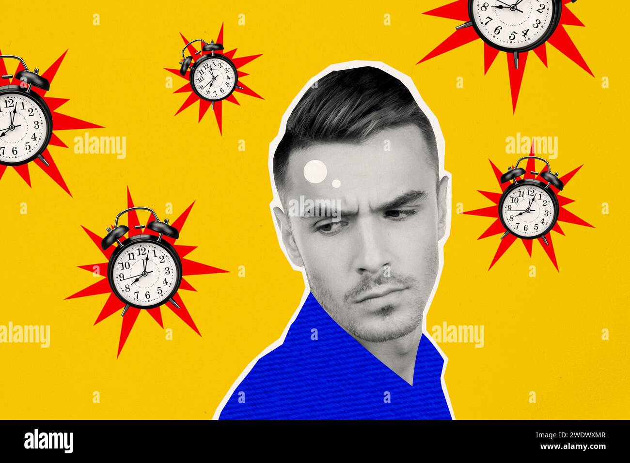 Creative collage banner young man oversleep time rush miss arrangement ...