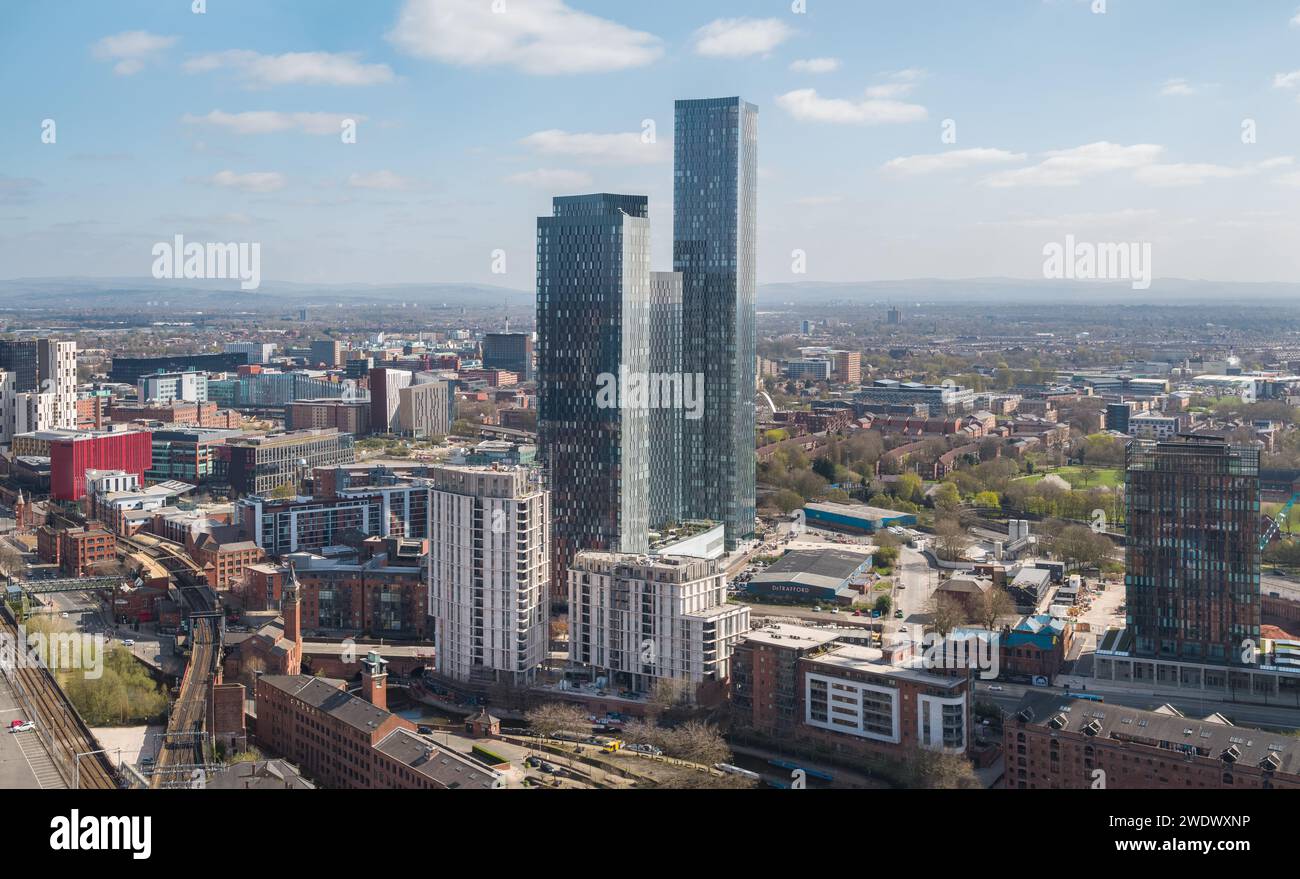 Aerial photograph of Deansgate Square residential towers, Castle Wharf ...
