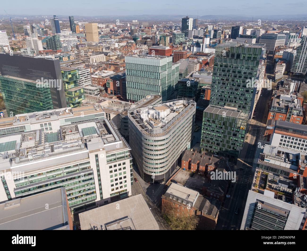 Aerial photograph in Manchester city centre over Spinningfields ...
