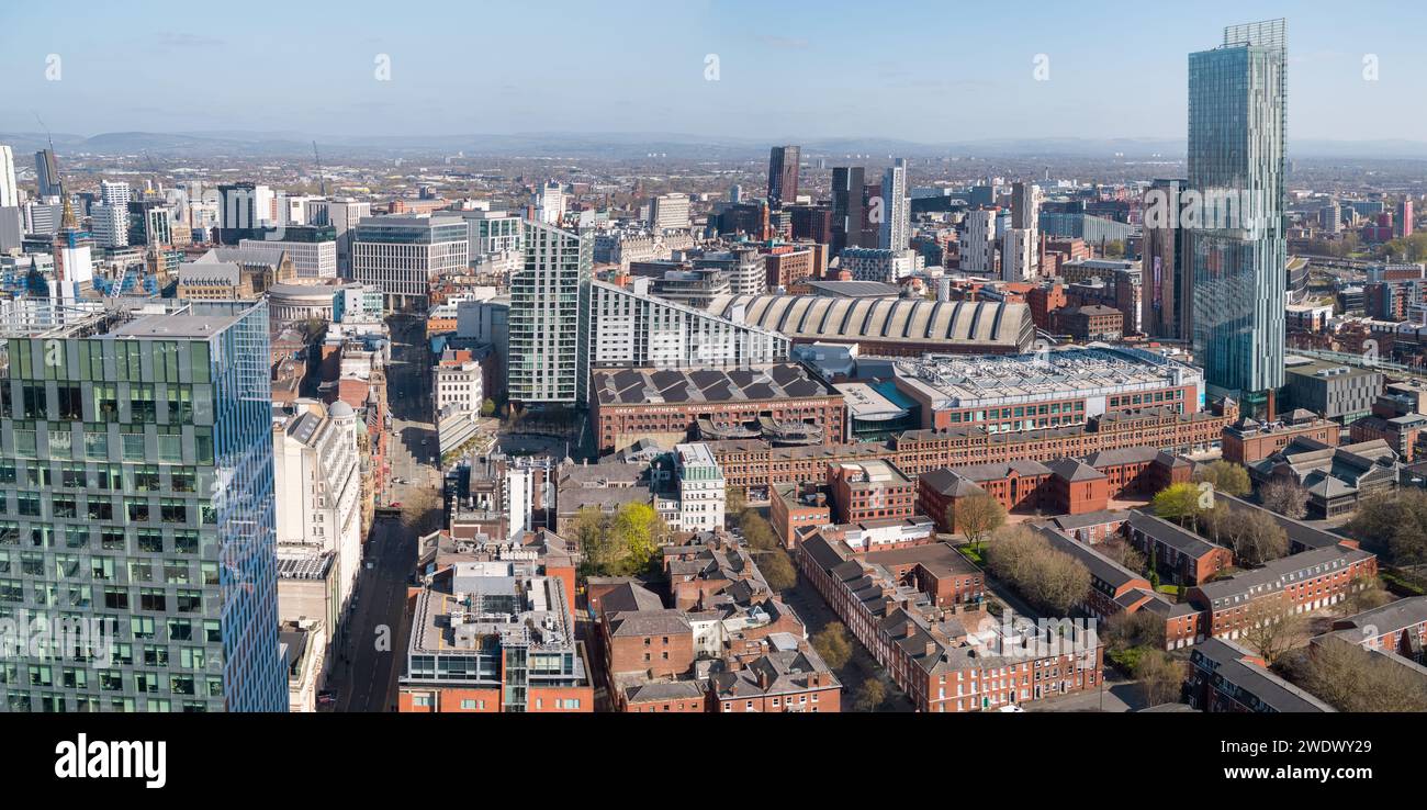 Wide panoramic aerial image of One Spinningfields, St Jon's area ...
