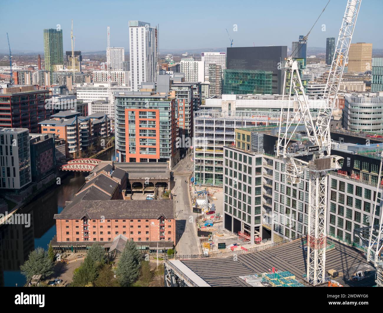 Aerial photograph of tower cranes and construction at Manchester Goods ...