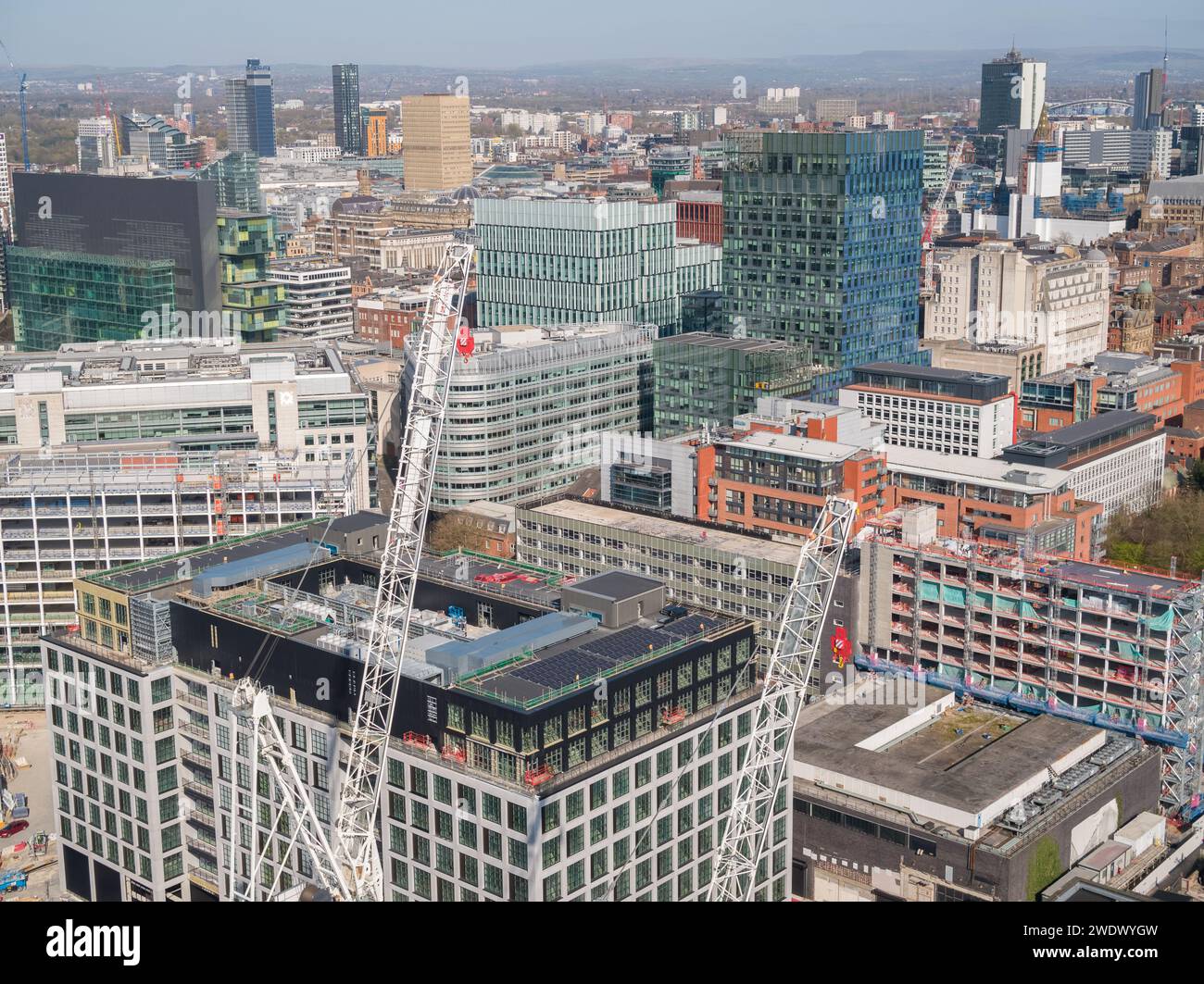 Aerial photograph of tower cranes and construction at Manchester Goods ...