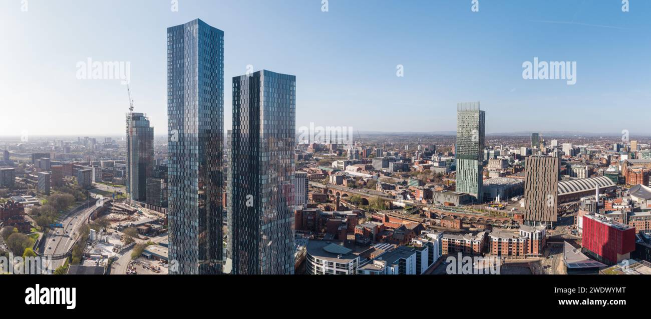Panoramic aerial photograph of Deansgate Square residential towers with ...