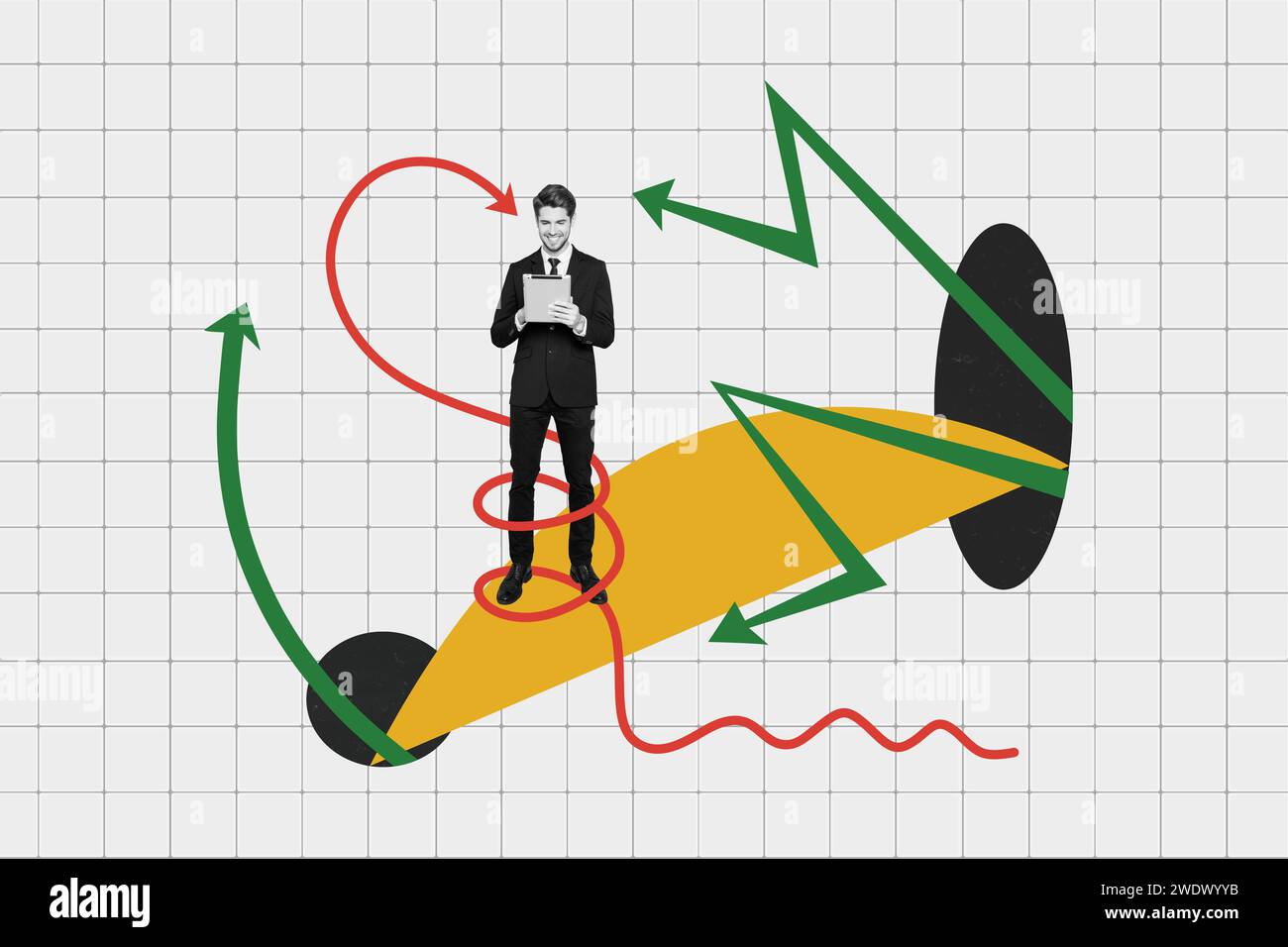 Collage image young businessman browsing tablet successful entrepreneur ...