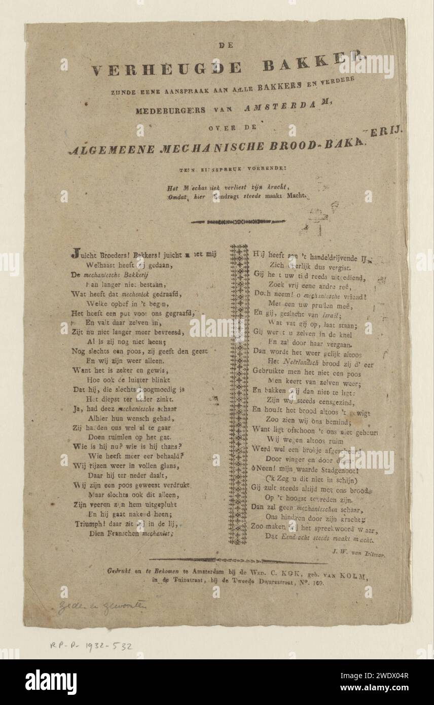 Poem in the general mechanical bread bakery, J.W van Ditmar, c. 1829 ...