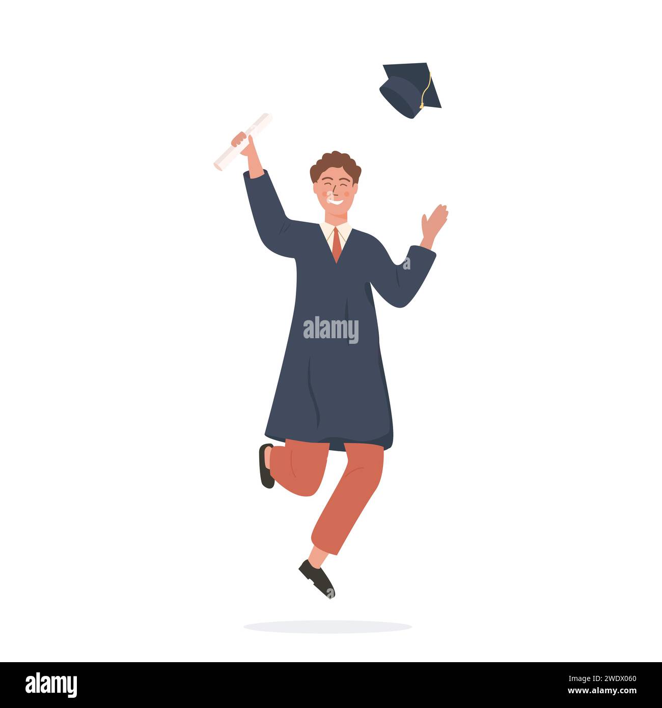 Happy caucasian student jumping, throwing a cap and holding diploma ...