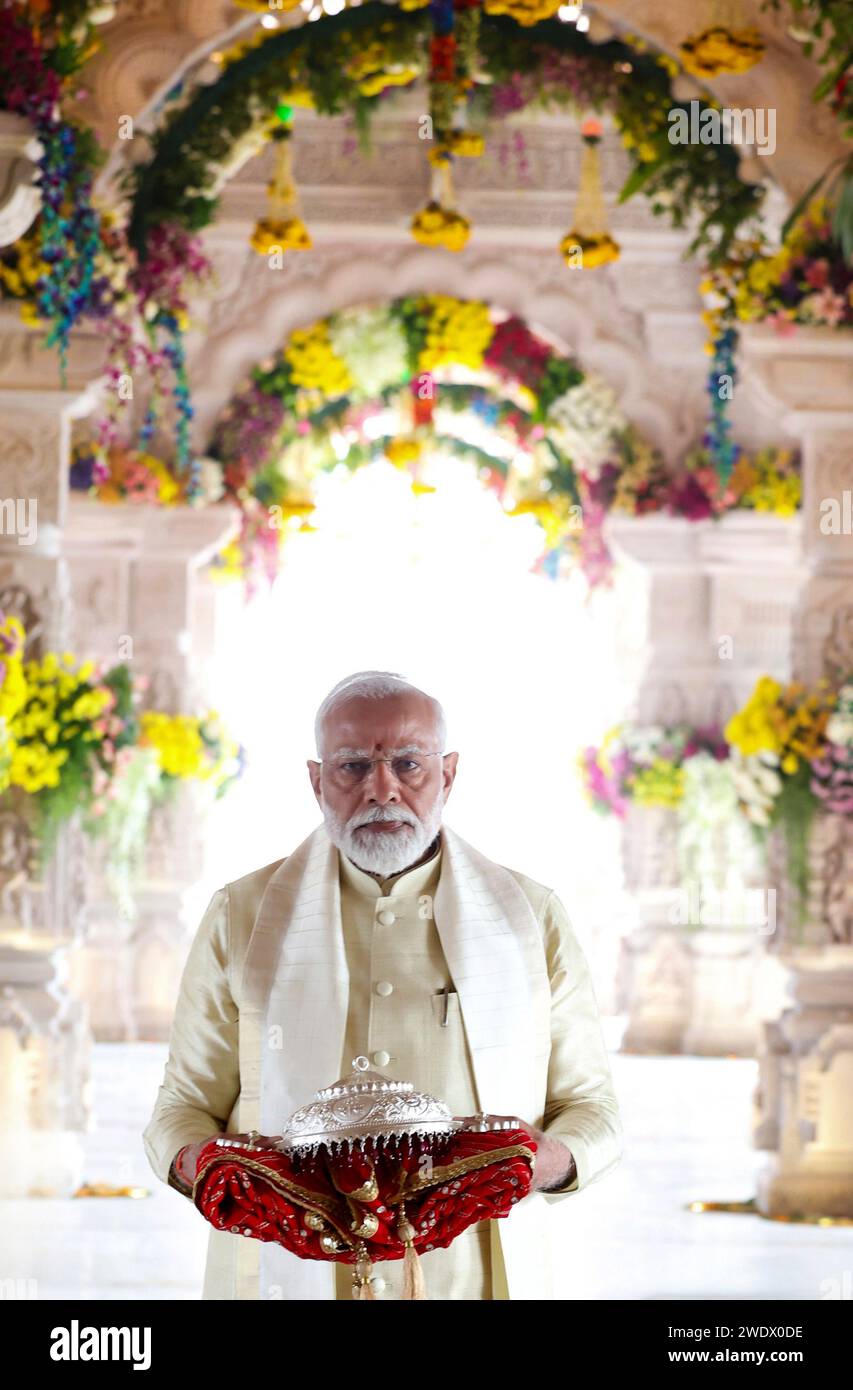 Ayodhya, India. 22nd Jan, 2024. Indian Prime Minister Narendra Modi takes part in the ...