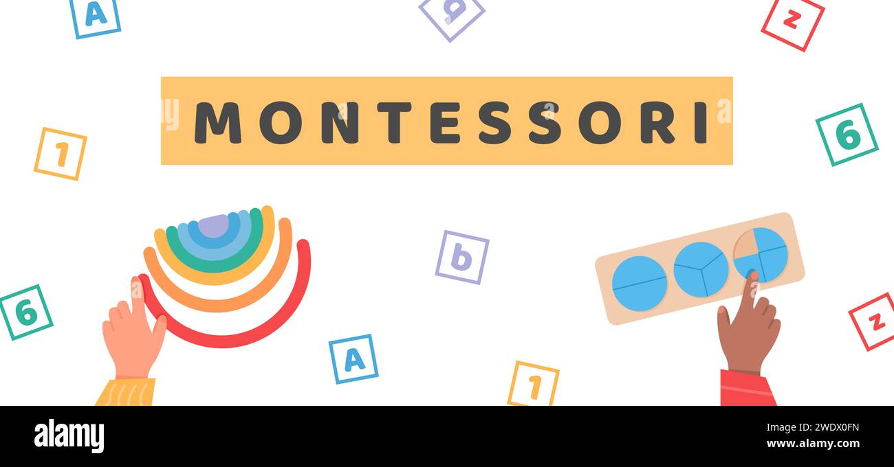 Vector Banner for school or kindergarden. Children playing with wooden ...