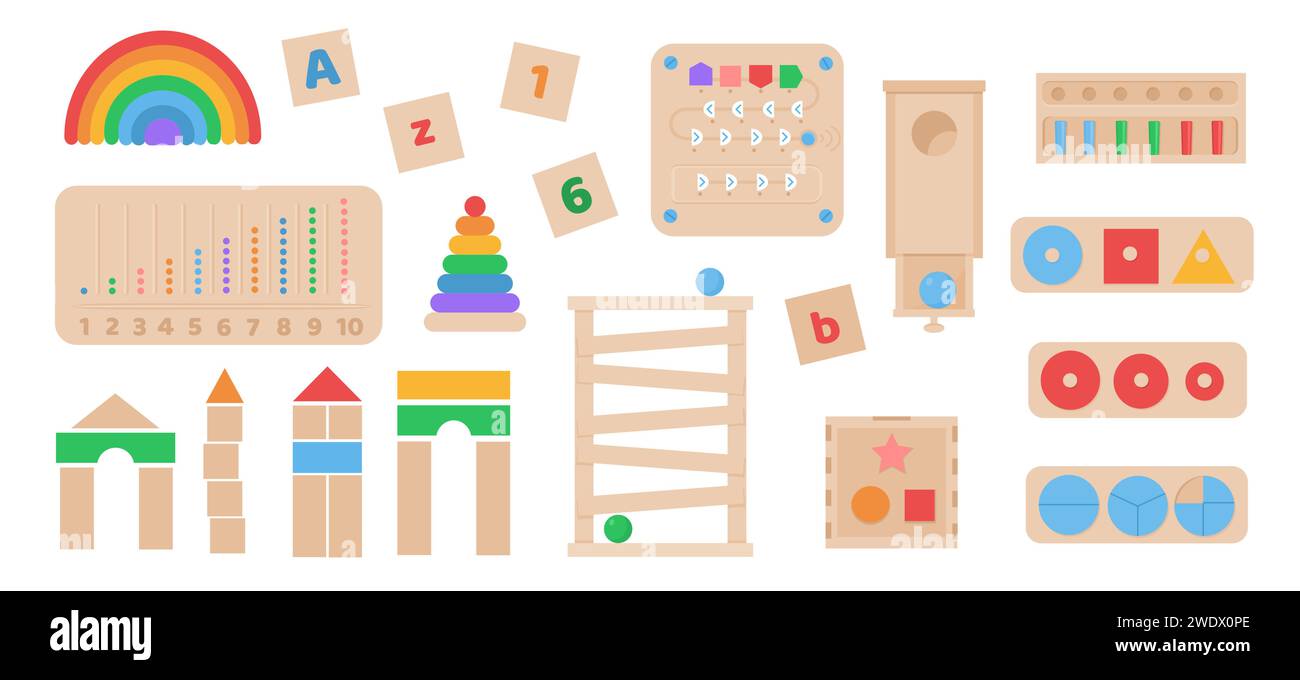 Vector Set of Montessori style toys. Children wooden eco friendly logic ...