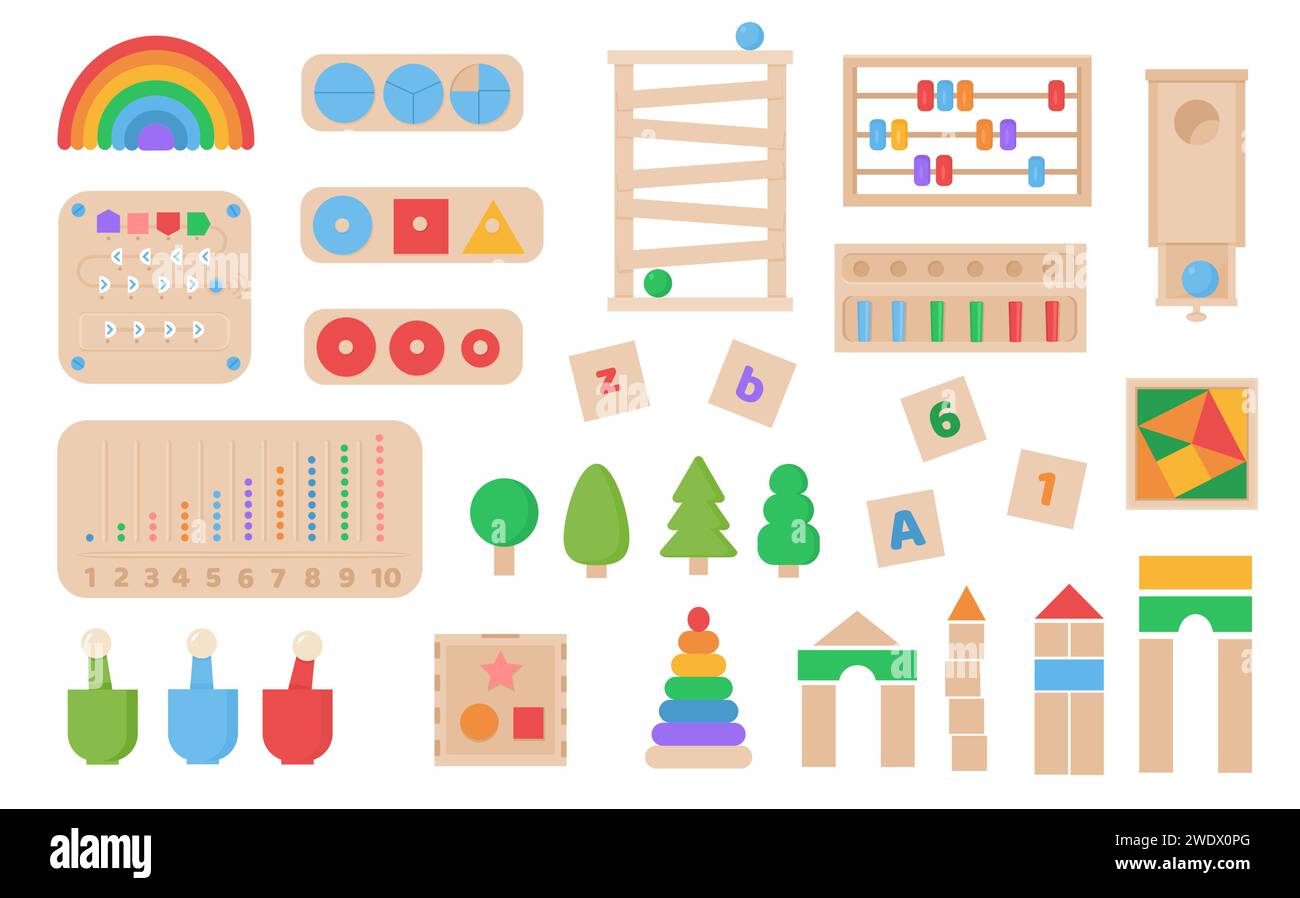 Vector Set of Montessori games. Children wooden eco friendly logic toys ...