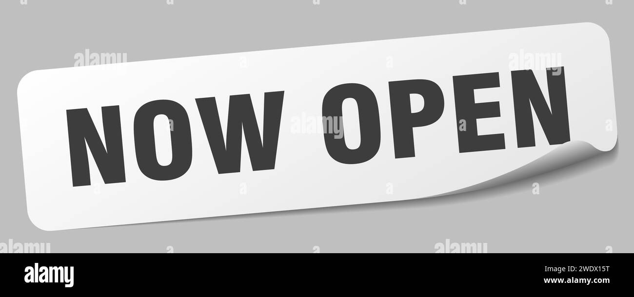 now open sticker. now open rectangular label isolated on white ...