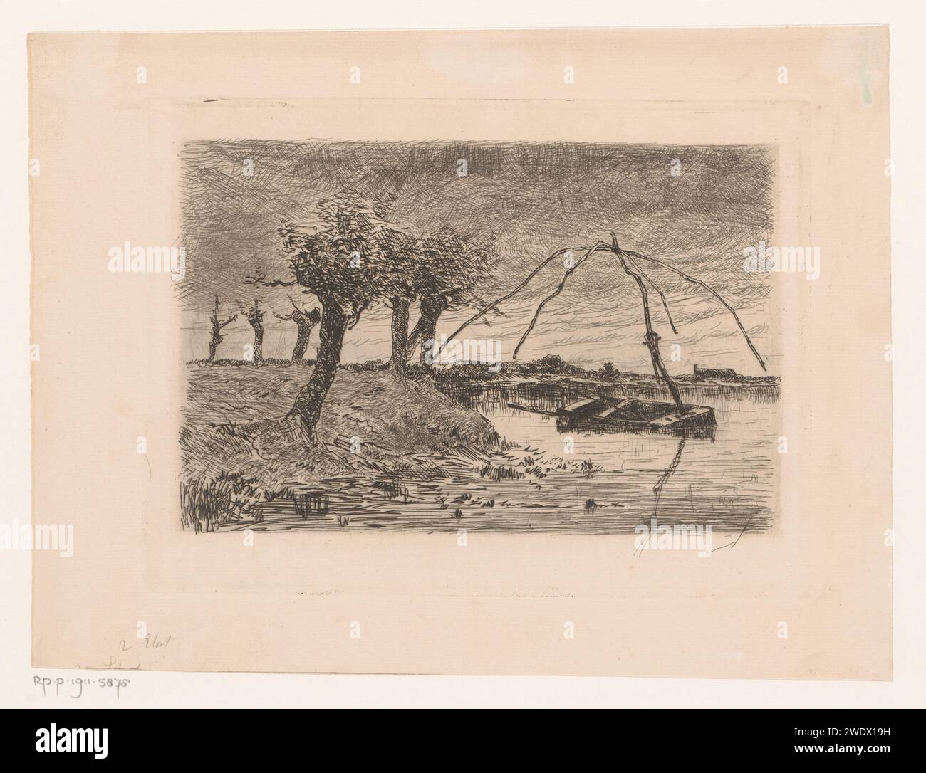 Landscape with Knotwilgen, A rowing boat in the water with a totebel ...