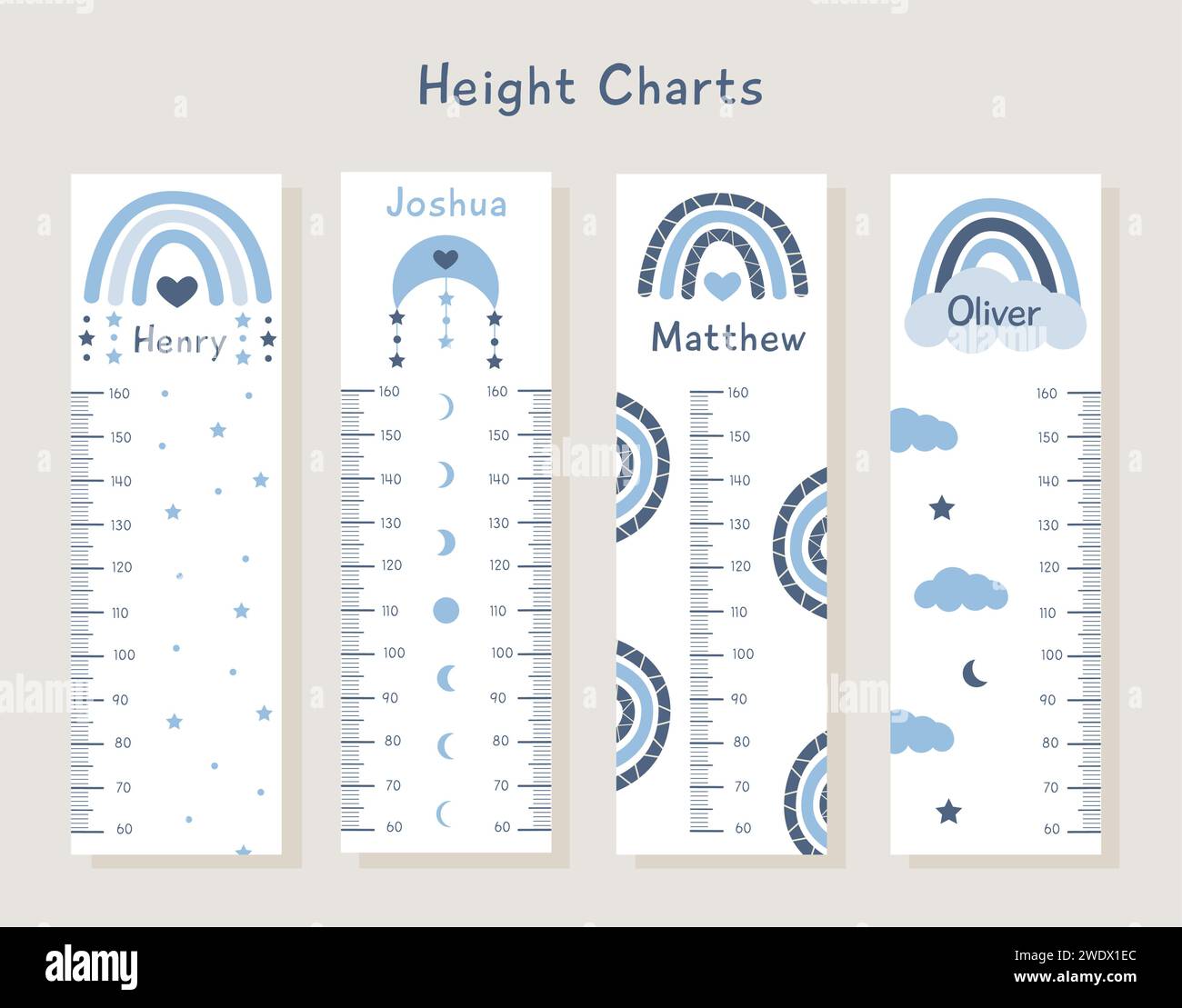 Vector Set of kids height charts with abstract boho rainbows and clouds ...