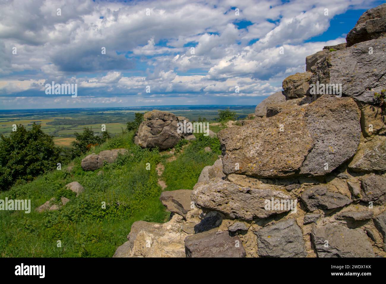 Landscape and ruins of the medieval castle on the Mount of Somlo in ...