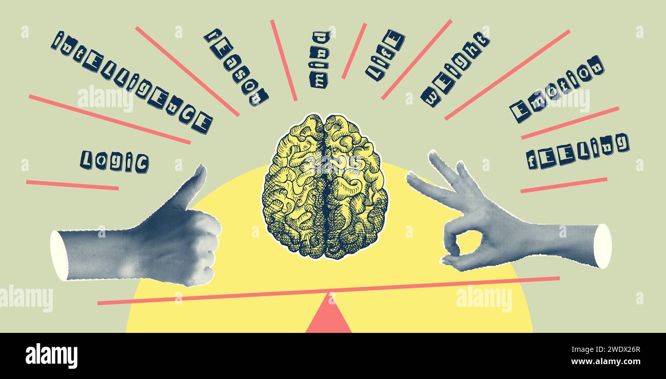 Concept heart VS brain. Vintage design collage poster. Mental health ...