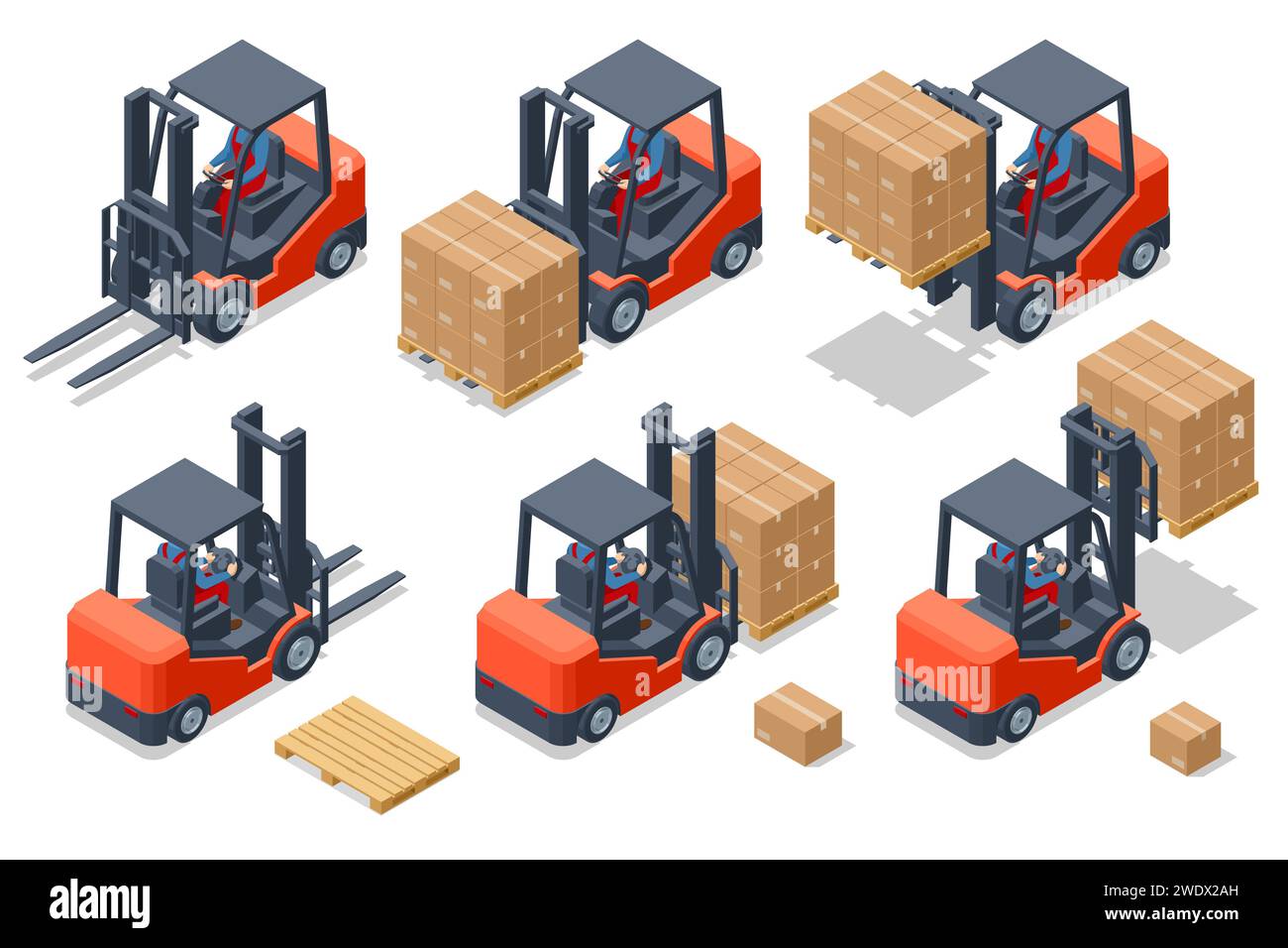 Isometric forklift isolated on white background. Forklift truck. Hydraulic machinery. Forklift ...