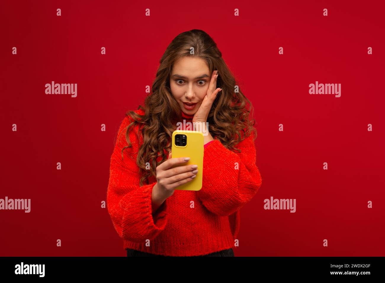 Portrait of a smiling emotional young woman in curly hair Generation Z ...