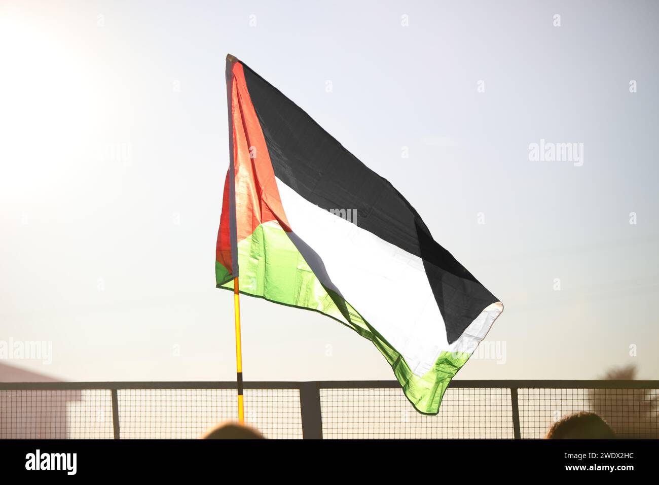 large Palestinian flag flying freely in the suburban suburbs backlit at ...