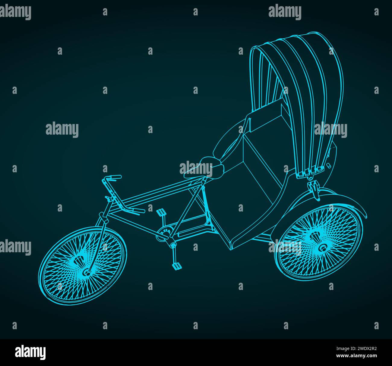 Stylized vector illustration of blueprint of three wheeled man-powered ...