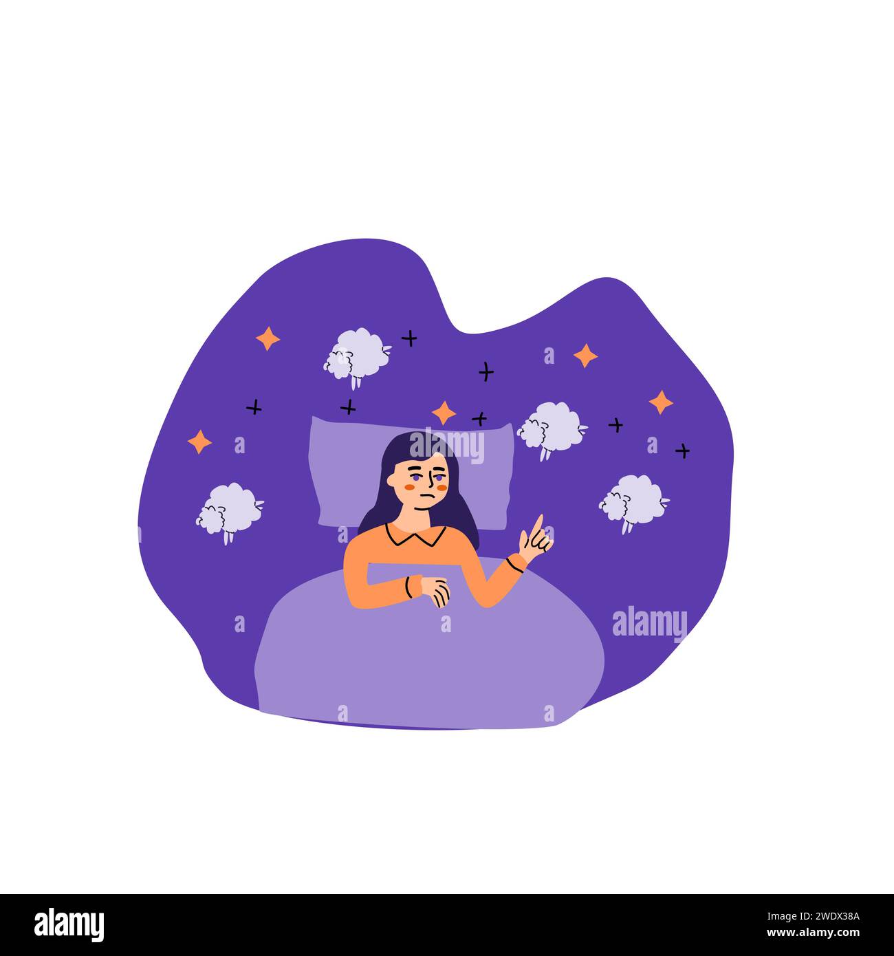 Sleep disorder, insomnia or stress of woman. Young female in bed ...